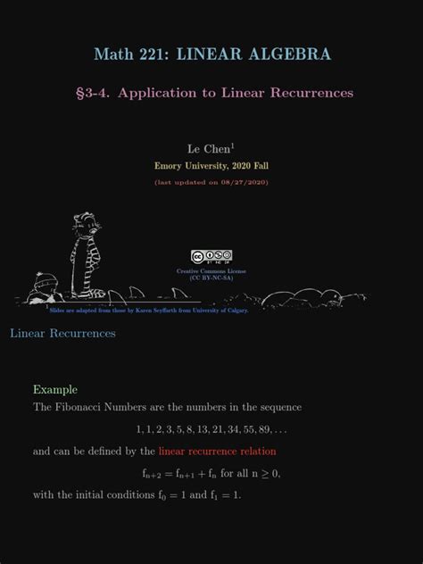 math 221 linear algebra 3 4 application to linear recurrences pdf recurrence relation