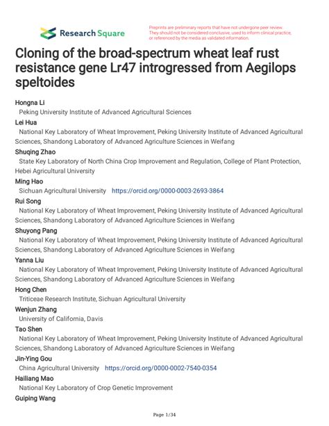 Pdf Cloning Of The Broad Spectrum Wheat Leaf Rust Resistance Gene Lr47 Introgressed From
