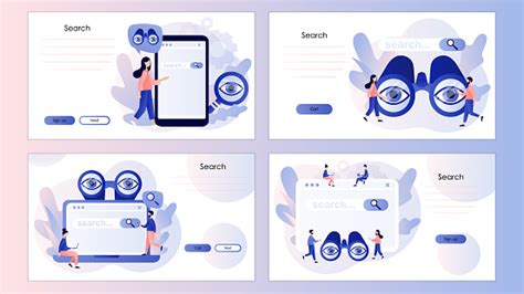 검색 온라인 정보를 탐색하고 쌍안경과 돋보기로 인터넷을 서핑하는 사람들 서재응 방문 페이지 템플릿 Ui 웹 모바일 앱 포스터 배너 전단지에 대한 화면 템플릿입니다 벡터