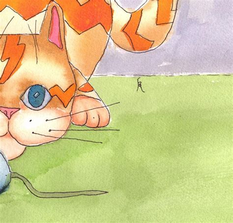 Cat Art Print Whimsical Cat Cat With Mouse Silly Funny Kitty Tabby