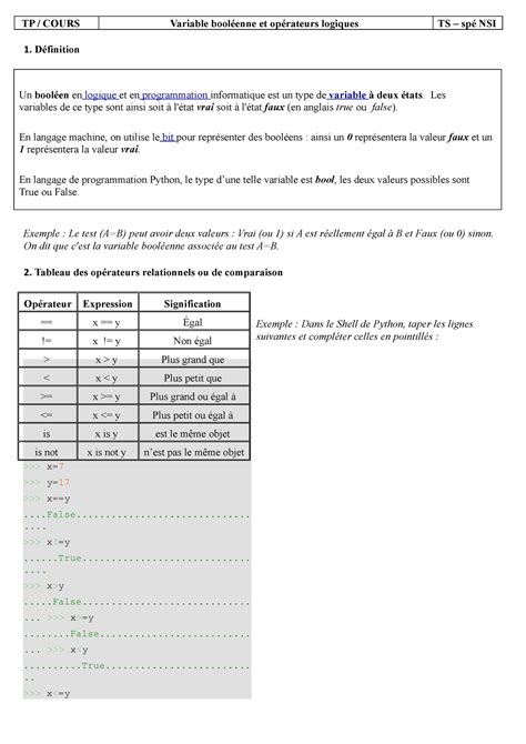 Tp Booleen Nsi Tp Nsi Tp Cours Variable Booléenne Et Opérateurs
