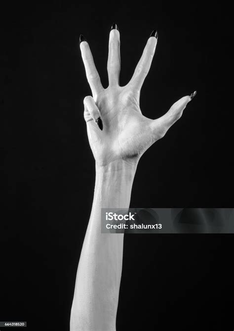 검은 손톱 하얀 죽음 악마의 손 악마의 손 하얀 피부 할로윈 테마 검은 배경 고립 된 죽음의 흰색 손 공포 무서움에 대한 스톡