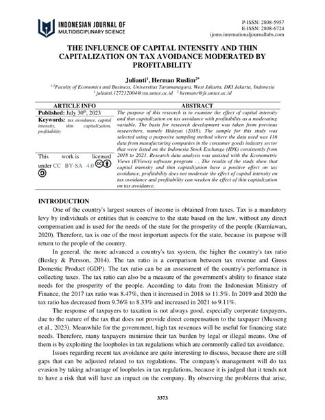 Pdf The Influence Of Capital Intensity And Thin Capitalization On Tax