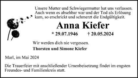 Traueranzeigen Von Anna Kiefer Trauer In Nrw De