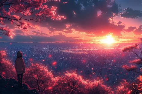 The Girl Is Standing Near A Pink Tree Looking At The City At Sunset