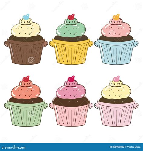 Set Colorful Cupcakes Cartoon Graphics Dessert Bakery Theme Six Cute