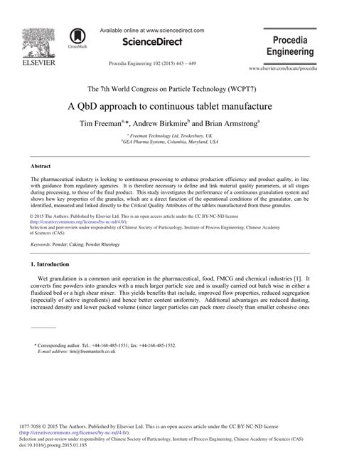 Pdf A Qbd Approach To Continuous Tablet Manufacture