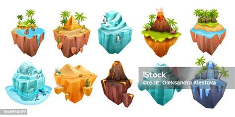게임 섬 빙산 화산 사막 이집트 피라미드 벡터 아이소메트릭 3d 떠다니는 땅 정글 야자 섬에 대한 스톡 벡터 아트 및 기타 이미지 Istock