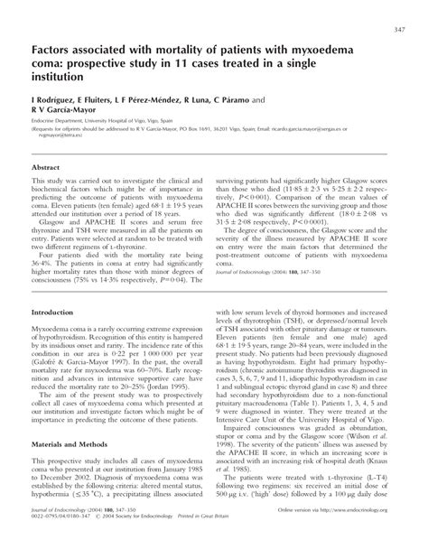 Pdf Factors Associated With Mortality Of Patients With Myxoedema Coma