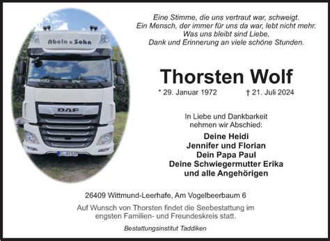 Traueranzeigen Von Thorsten Wolf Nordwest Trauerde