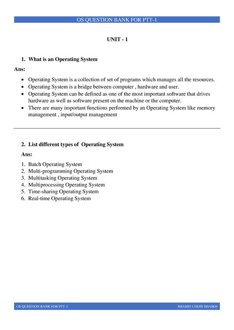 Os Question Bank Ptt1 Good Unit 1 What Is An Operating System Ans Operating System Is A