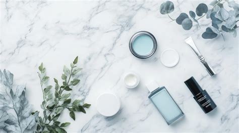 Flat Lay Of Skincare Products On Marble Background Premium Ai
