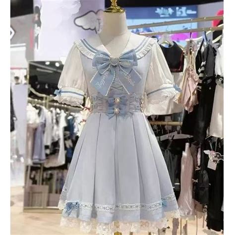 ชุดเดรสสไตล์ญี่ปุ่นสีกรมท่าหวานสาวน่ารักกะลาสี Jk กระโปรงพอง Cos Landmine สไตล์ Jirai Kei