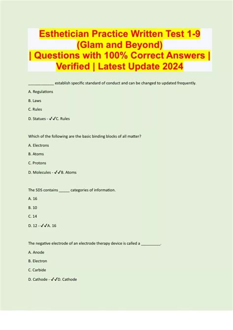 Esthetician Practice Written Test 1 9 Glam And Beyond Questions