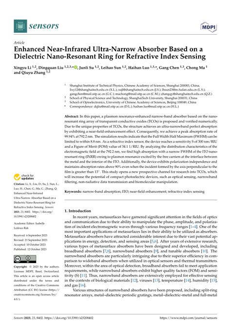 Pdf Enhanced Near Infrared Ultra Narrow Absorber Based On A