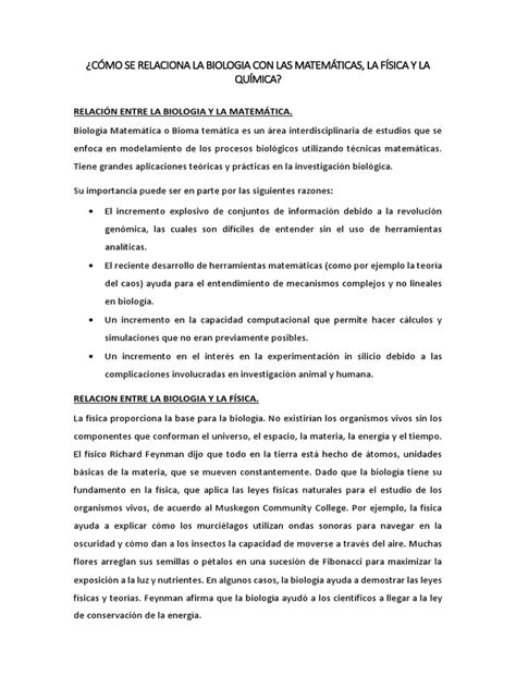 Relación Entre Biología Y Matemáticas Pdf Biología Física