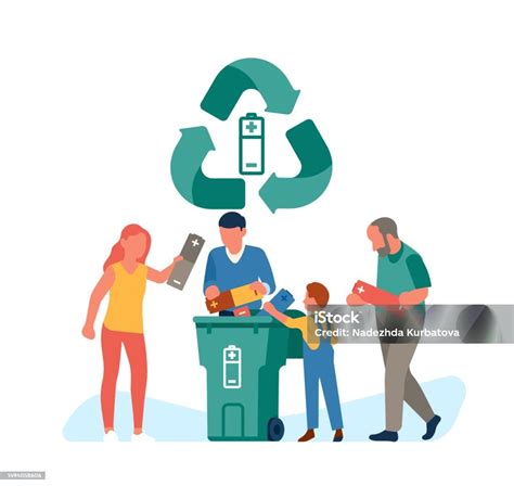 배터리 재활용 사람들은 사용한 전기 알칼리성 축전지를 특수 쓰레기통에 버립니다 폐기물 활용 쓰레기 분류 쓰레기 처리 및 분리 벡터 개념 배터리 전원에 대한 스톡 벡터 아트
