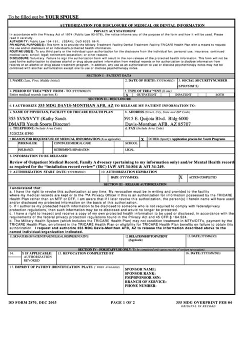 Dd Form 2870 Authorization For Disclosure Of Medical Or Dental