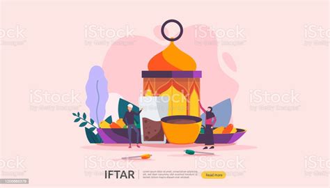 금식 후 먹는 Iftar 축제 파티 개념 라마단 카림에서 모슬렘 가족 저녁 식사 또는 사람들 캐릭터와 이드를 축하 웹 방문