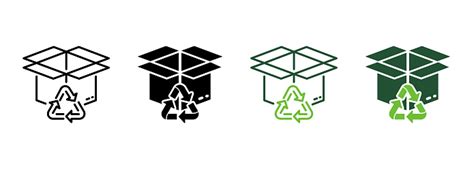 에코 재활용 박스 라인과 실루엣 아이콘 색상 세트 생태 자연 재활용 패키지 바이오 유기농 골판지 팩 배달 기호 흰색 배경에 컬렉션 고립된 벡터 그림 쓰레기에 대한 스톡 벡터