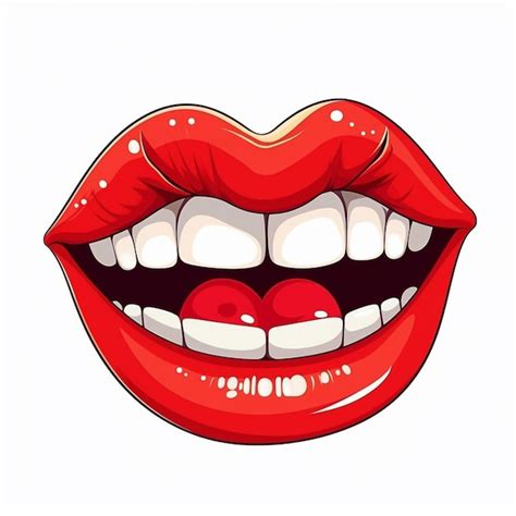 Premium Photo Cartoon Red Lips With White Teeth And A Cherry On The