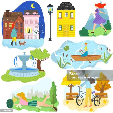 다른 계절과 날씨의 야외 활동 여성 만화 캐릭터 벡터 일러스트레이션 가공의 인물에 대한 스톡 벡터 아트 및 기타 이미지 가공의 인물 가을 개 Istock