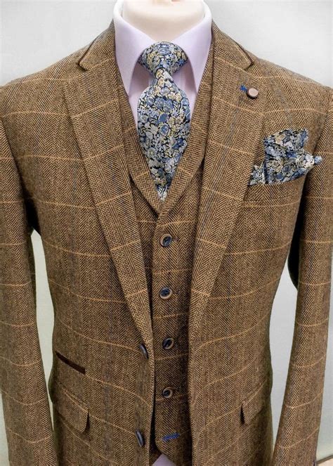 Nice Awesome Mens Designer Brown Check Tailored Fit 3 Piece Tweed Suit