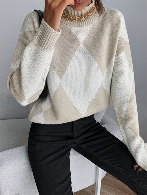 SHEIN EZwear Mock Neck Argyle Pattern Drop Shoulder Sweater SHEIN USA