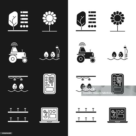 독립형 센서 및 공장 무선 트랙터 스마트 팜 식물 상태 꽃 전구가 있는 스마트 제어 농업 시스템 기술 및 자동 관개 스프링클러 아이콘을 설정합니다 벡터 검은색에 대한 스톡