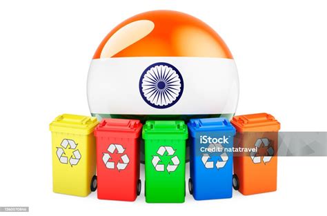 인도에서 폐기물 재활용 인도 국기가 있는 컬러 재활용 쓰레기통 3d 렌더링 0명에 대한 스톡 사진 및 기타 이미지 0명 금속 기 Istock