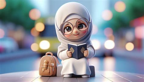 Elementary School Girl With White Long Dress And Hijab Waiting A School