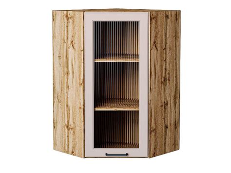 Шкаф верхний угловой остекленный Барселона цвет фасада Кашемир цвет каркаса Дуб Вотан 920 600