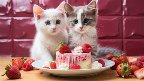 Two Kittens Are Sitting On A Plate With Strawberries And Cream Ai