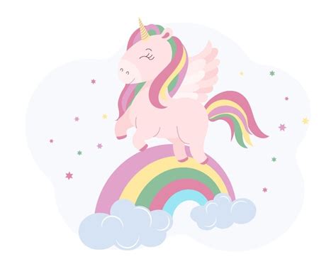 별과 하늘에 구름과 무지개에 귀여운 마법의 유니콘 아기 그림 엽서 프리미엄 벡터