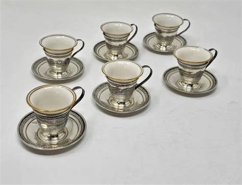 Set Of Six Demitasse Cups With Sterling Holders And Saucers 40763157