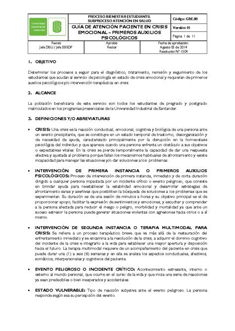 Guia de intervencion en crisis SUBPROCESO ATENCIÓN EN SALUD Código