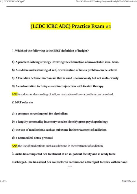 LCDC ICRC ADC Practice Exam Questions And Answers Updated Verified Answers