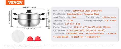 Vevor Steamer Pot 28cm Steamer Pot For Cooking With 3qt Stock Pot And