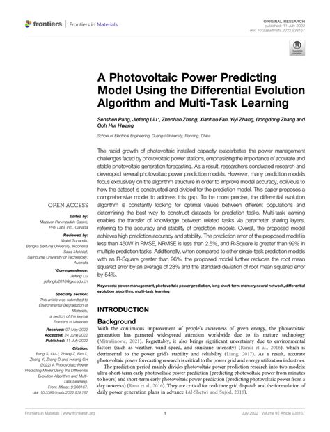 Pdf A Photovoltaic Power Predicting Model Using The Differential Evolution Algorithm And Multi
