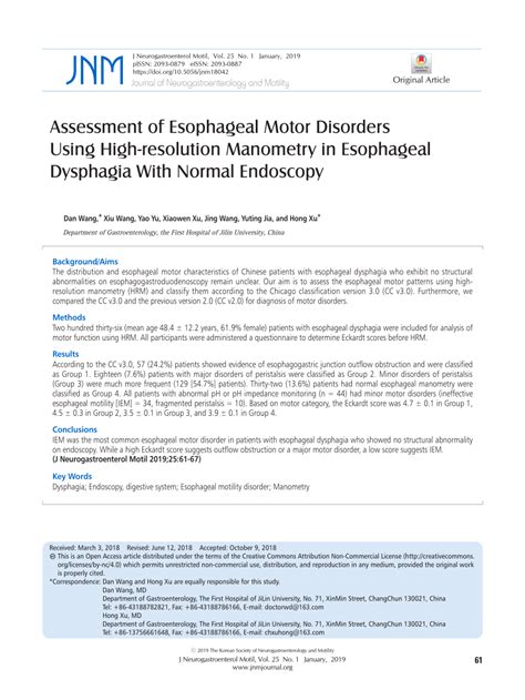 Pdf Assessment Of Esophageal Motor Disorders Using High Resolution