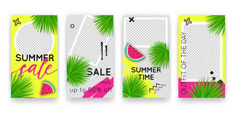소셜 미디어 네트워크 이야기에 대한 템플릿의 벡터 트렌디 한 열대 편집 세트 전단지 카드 포스터 프로모션을위한 수박과 야자수 잎현대 여름 디자인 배경 0명에 대한 스톡 벡터