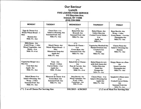 Our Saviour Lutheran Church Lunch Menu Full Day Class