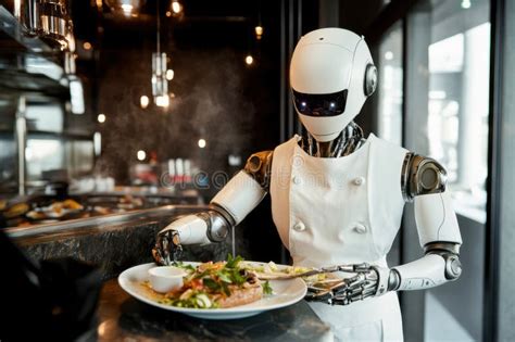 Humanoid Robot Serves Gourmet Dish In Modern Restaurant Kitchen Stock