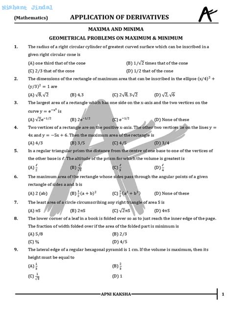 Sheet 01 Maxima And Minima Nj 247 Pdf Area Circle
