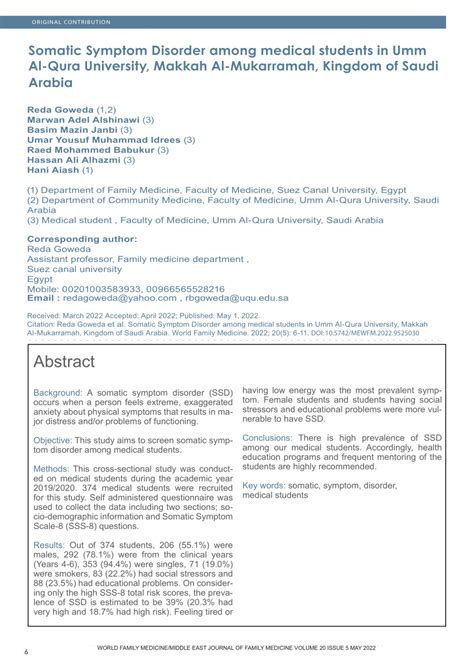 Pdf Somatic Symptom Disorder Among Medical Students In Umm Al Qura