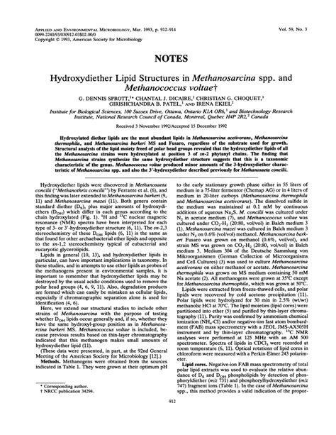 Pdf Hydroxydiether Lipid Structures In Methanosarcina Spp And Methanococcus Voltae