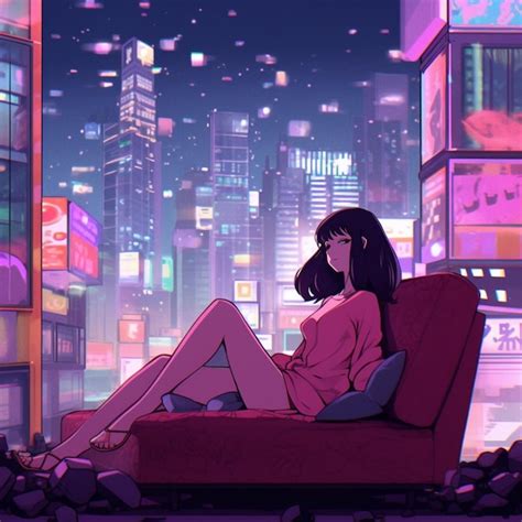 Premium Photo Anime Girl Sitting On A Red Chair In A City At Night