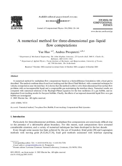 Pdf A Numerical Method For Three Dimensional Gas Liquid Flow Computations