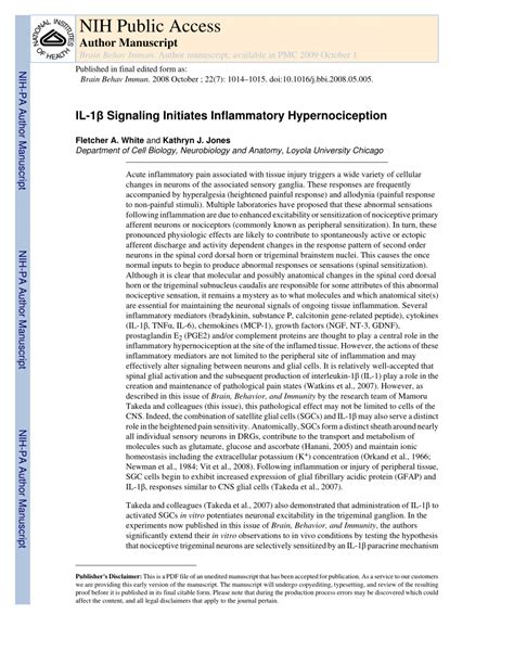 Pdf Il 1β Signaling Initiates Inflammatory Hypernociception