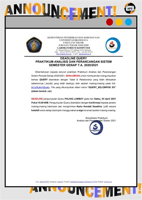 Pengumuman Deadline Praktikum Analisis Dan Perancangan Sistem Laboratorium Optimasi Sistem